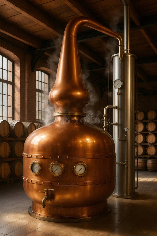 Traditional Copper Still Brewing in Distillery with Oak Barrels Stock ...