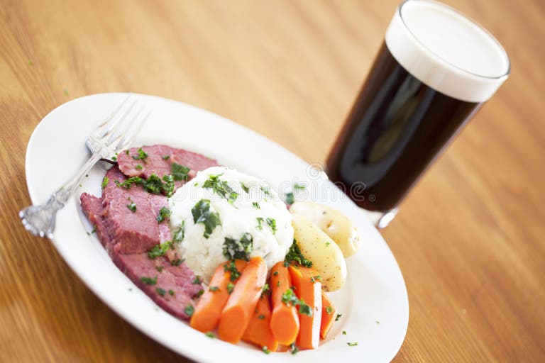 Traditional Corned Beef Dinner with Beer Stock Photo - Image of sliced ...