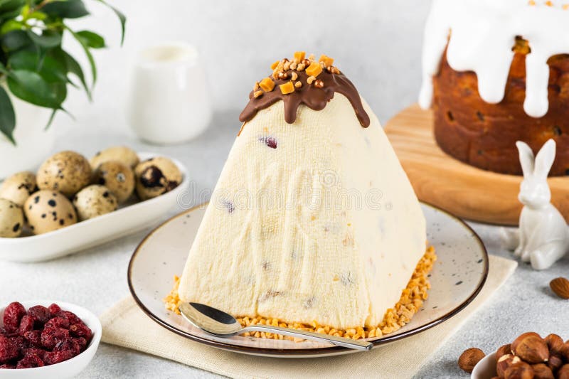 Traditional Cottage Cheese Easter Paskha and Eggs on White Table ...