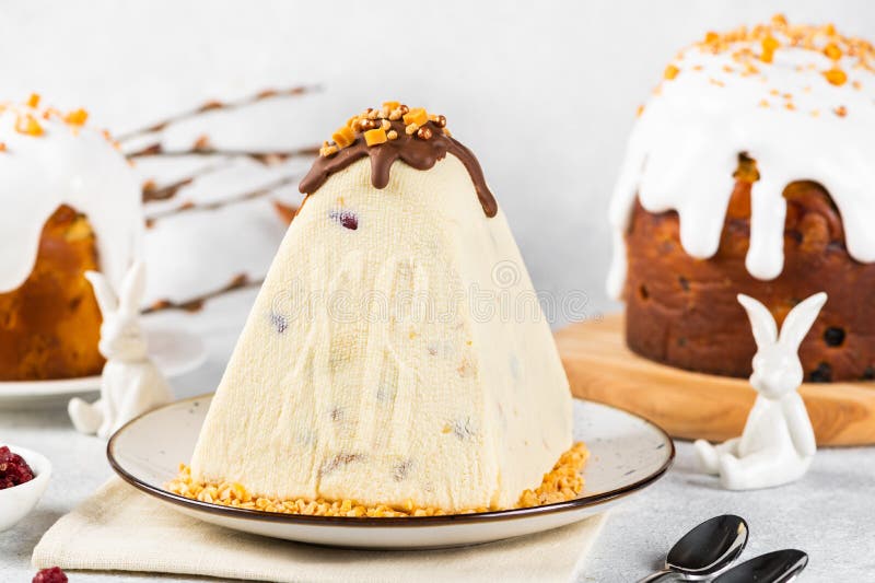 Traditional Cottage Cheese Easter Paskha and Eggs on White Table ...