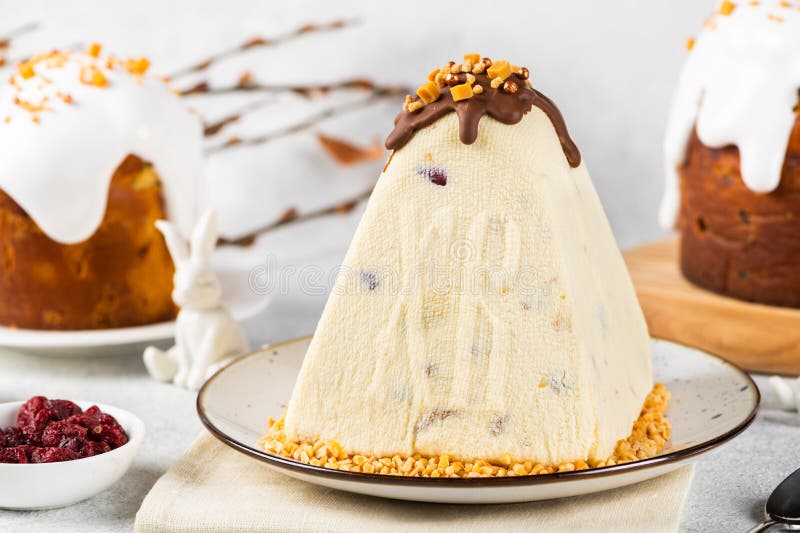 Traditional Cottage Cheese Easter Paskha and Eggs on White Table ...