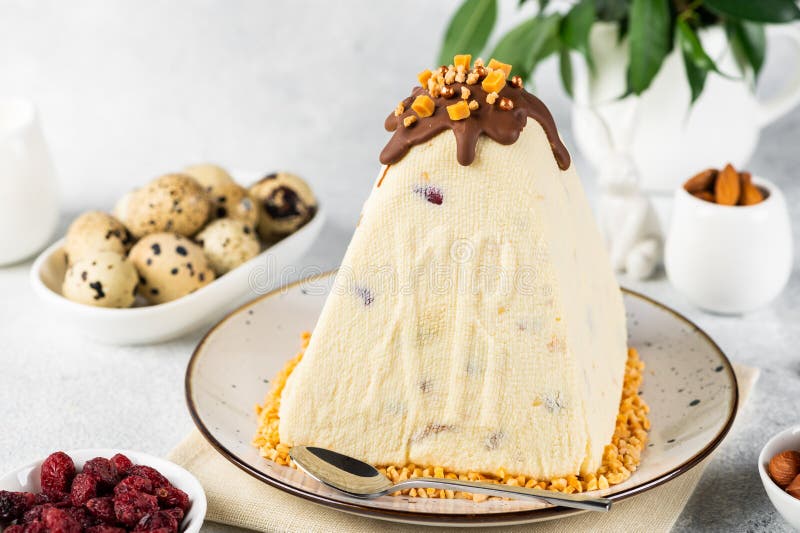 Traditional Cottage Cheese Easter Paskha and Eggs on White Table ...