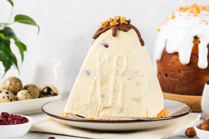 Traditional Cottage Cheese Easter Paskha and Eggs on White Table ...