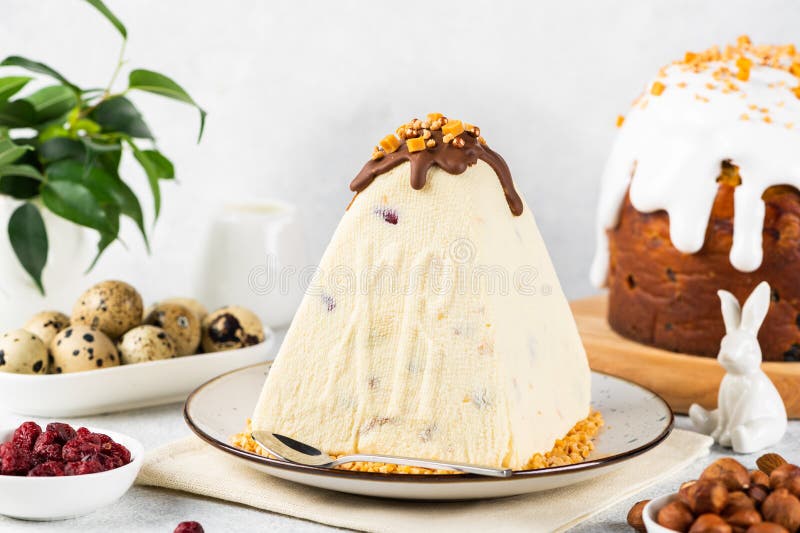 Traditional Cottage Cheese Easter Paskha and Eggs on White Table ...