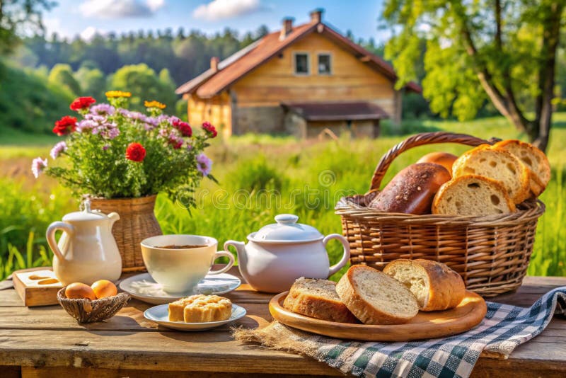 Traditional Countryside Breakfast with Homemade Bread Stock ...