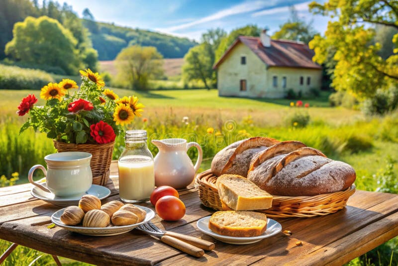 Traditional Countryside Breakfast with Homemade Bread Stock ...