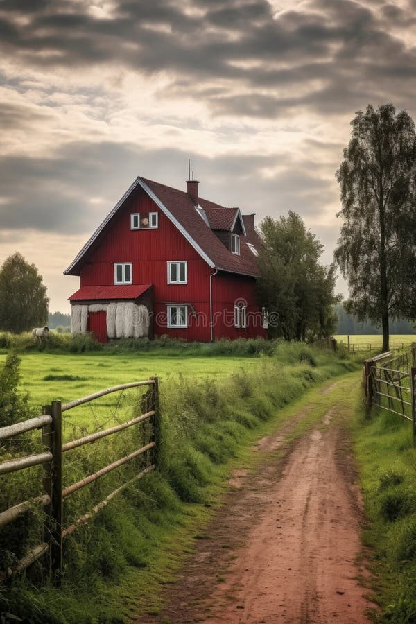 Traditional Countryside Farmhouse with a Red Barn Stock Illustration ...