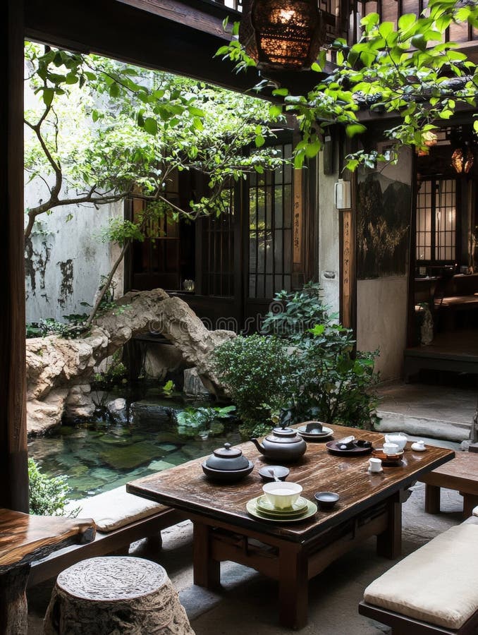 Traditional Courtyard with Decorated Table and Greenery Stock ...
