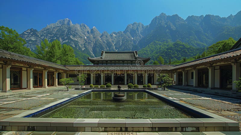 Traditional Courtyard with Reflective Pool and Mountain Backdrop Stock ...