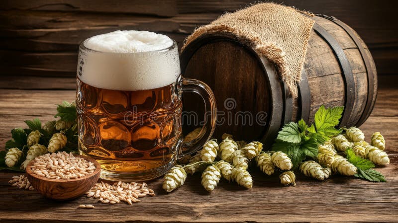 Traditional Craft Beer with Barley and Hops - Rustic Brewing Background ...