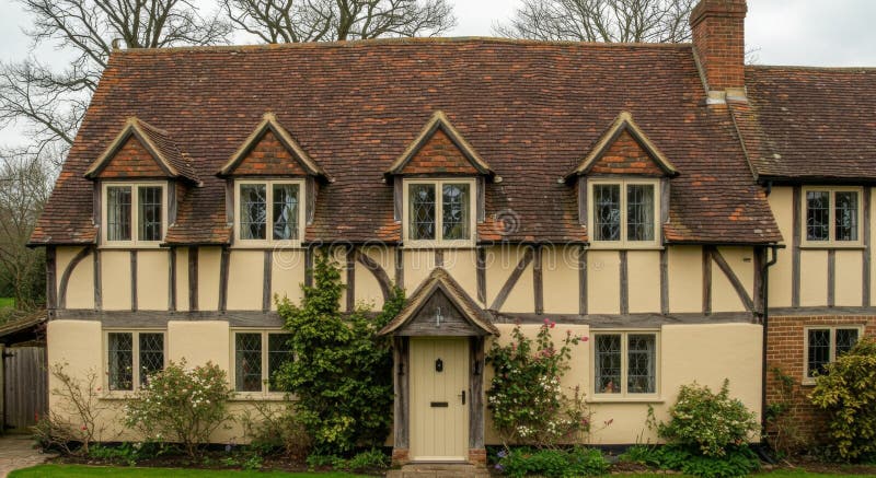 Traditional Cream Cottage with Timber Frame Stock Illustration ...