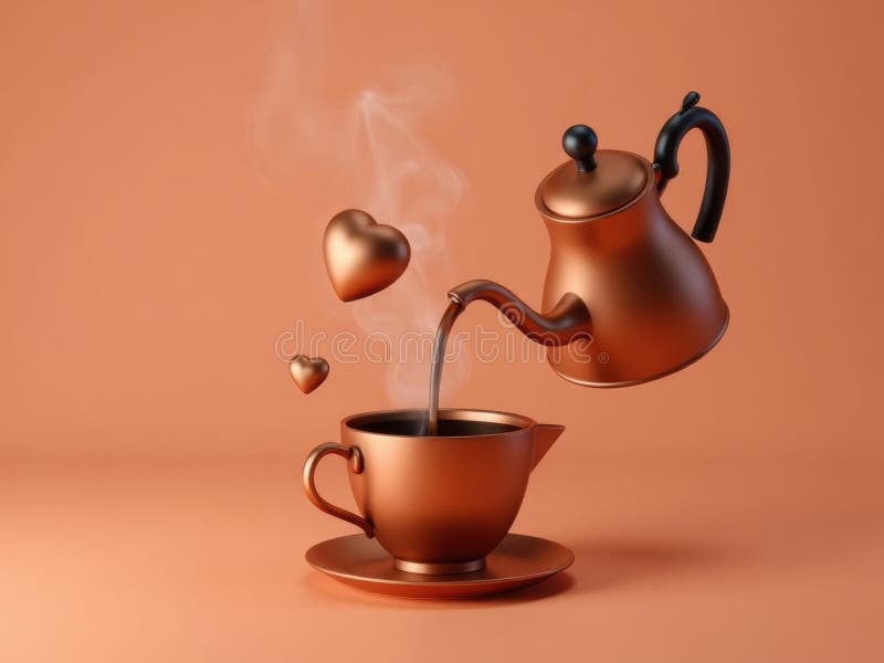 A Traditional 3D of a Copper Coffee Pot Pouring Steaming Liquid that ...