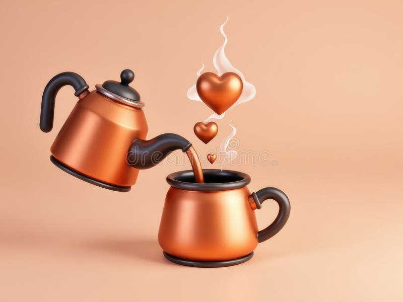 A Traditional 3D of a Copper Coffee Pot Pouring Steaming Liquid that ...