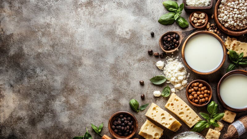 Traditional Dairy and Chocolate Products on Rustic Background. Stock ...
