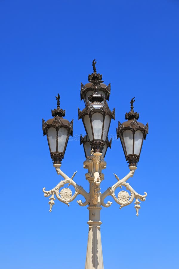 Traditional Decorative Lamp Post Against Blue Sky Background Stock ...
