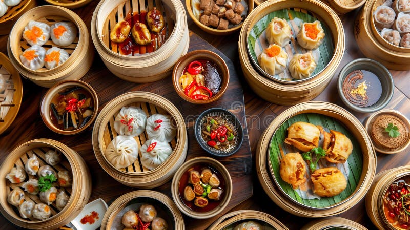 Traditional Dim Sum Spread in Bamboo Steamers Stock Illustration ...