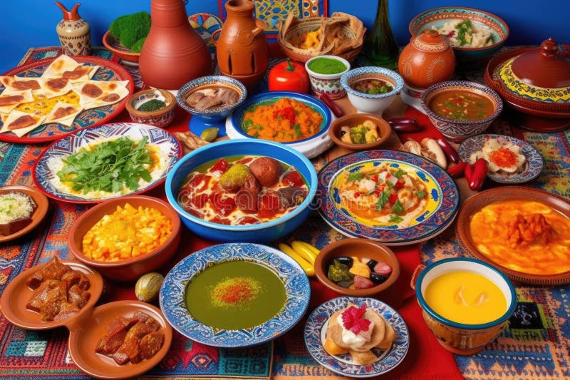 Traditional Dishes of Different Countries on Colorful Dishes Stock ...