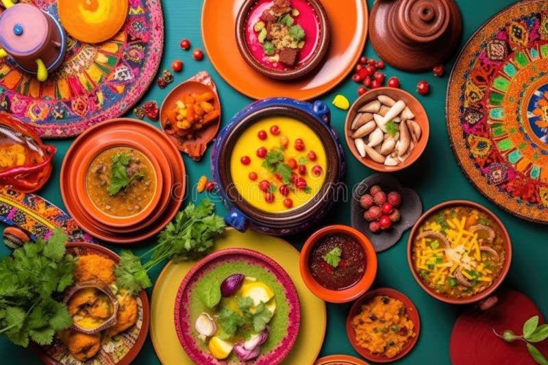 Traditional Dishes of Different Countries on Colorful Dishes Stock ...