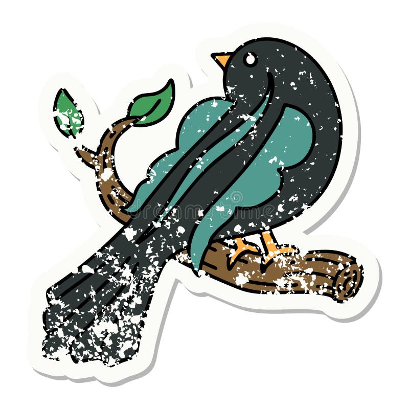Traditional Distressed Sticker Tattoo of a Bird on a Branch Stock ...