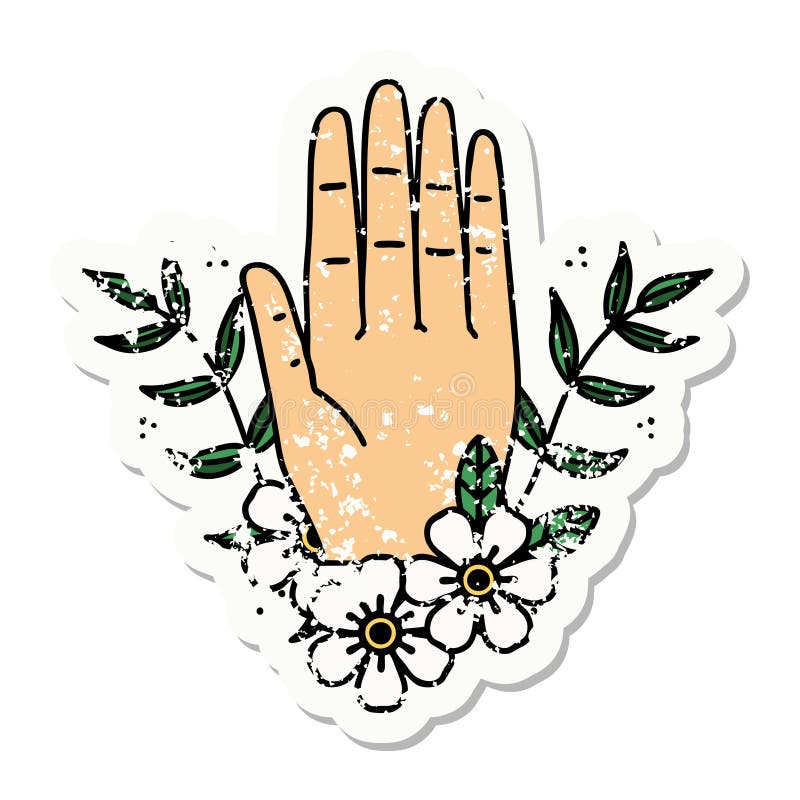 Traditional Distressed Sticker Tattoo of a Hand and Flower Stock Vector ...