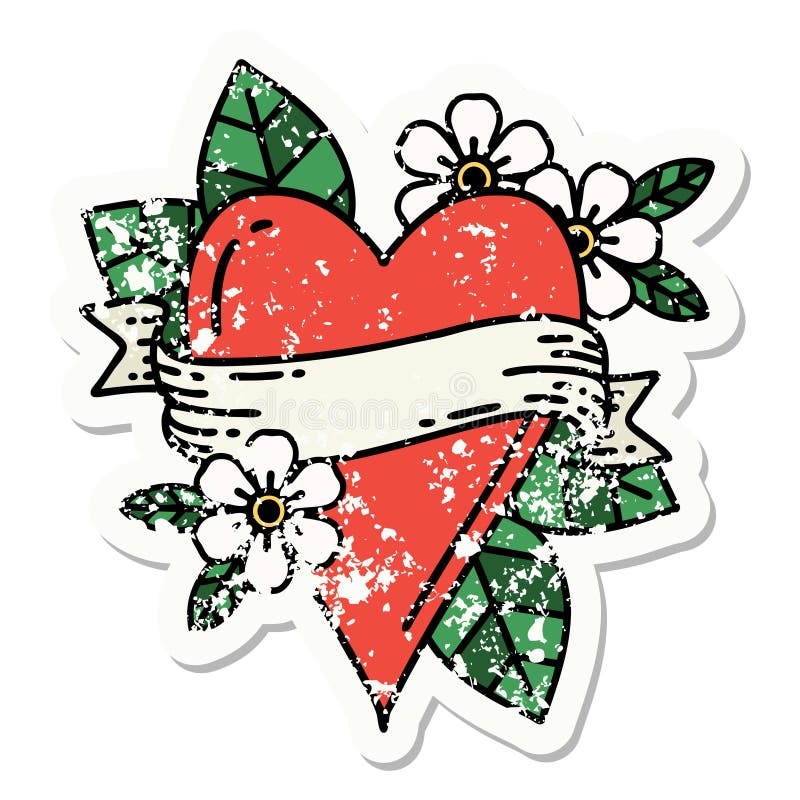 Traditional Distressed Sticker Tattoo of a Heart and Banner Stock ...