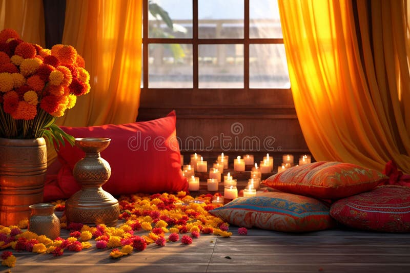 Traditional Diwali Decorations with Marigold Stock Illustration ...