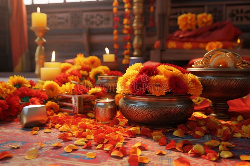 Traditional Diwali Decorations with Marigold Stock Illustration ...