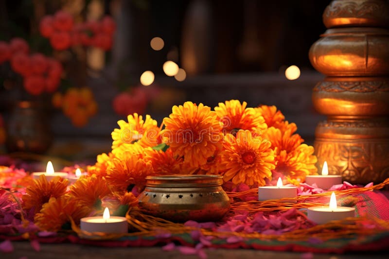 Traditional Diwali Decorations with Marigold Stock Illustration ...