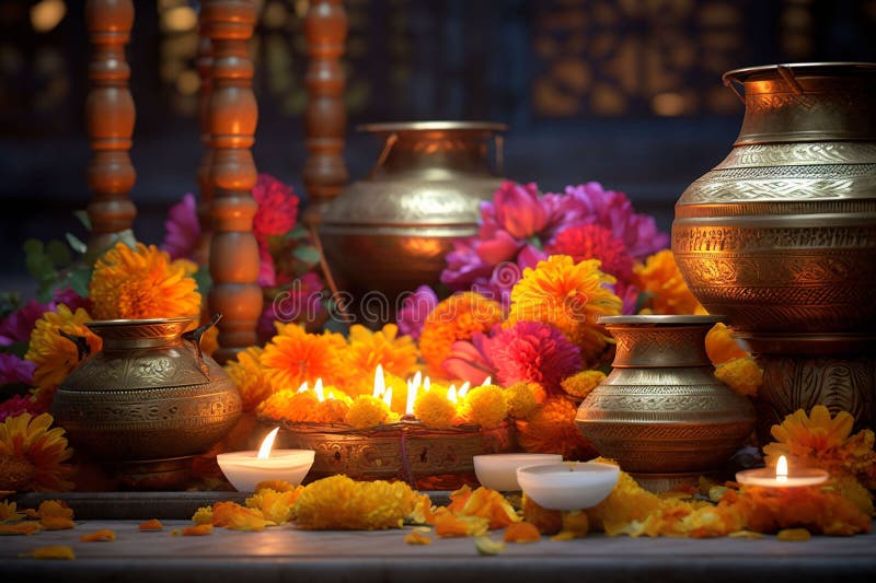 Traditional Diwali Decorations with Marigold Stock Illustration ...