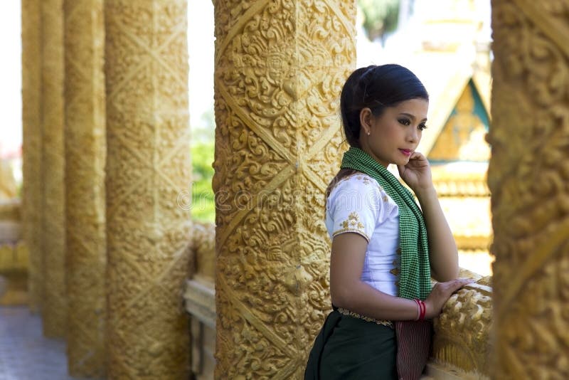 Asian Girl Greeting in Temple Stock Photo - Image of clothes, dress ...