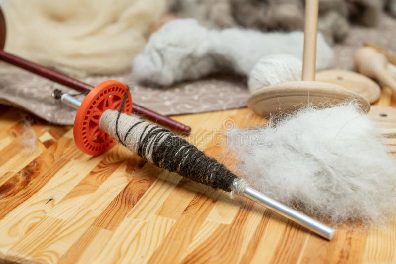 Traditional Drop Spindle and Wool for Hand Spinning Techniques Stock ...