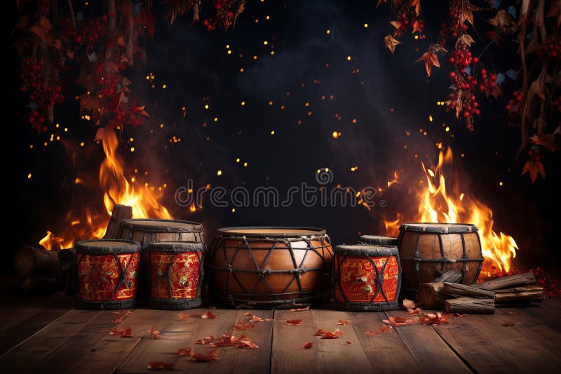 Traditional Drums Arranged before a Vibrant Fire in a Rustic Setting ...