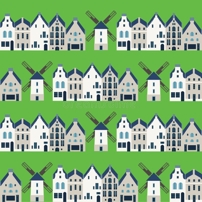 Traditional Dutch Houses and Mills - Seamless Vector Pattern with Stock ...