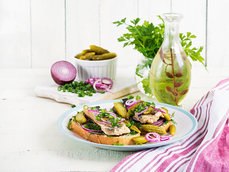 Traditional Dutch Sandwich with Herring and Pickles Cucumbers Stock ...