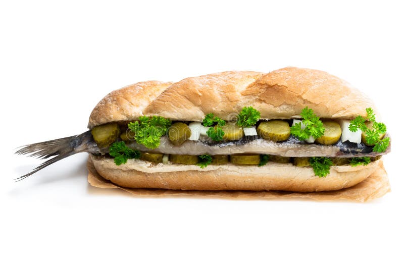 Traditional Dutch Sandwich with Herring and Pickles Isolated on White ...
