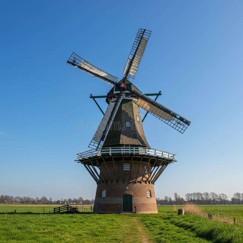 A Traditional Dutch Windmill Stands in a Green Field Under a Clear Blue ...