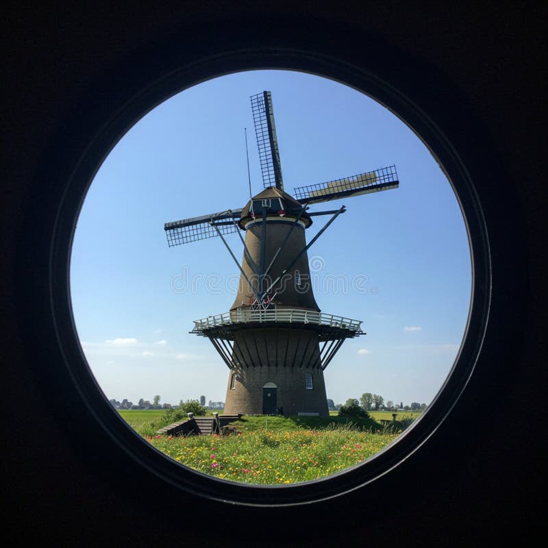 A Traditional Dutch Windmill is Viewed through a Circular, Window-like ...