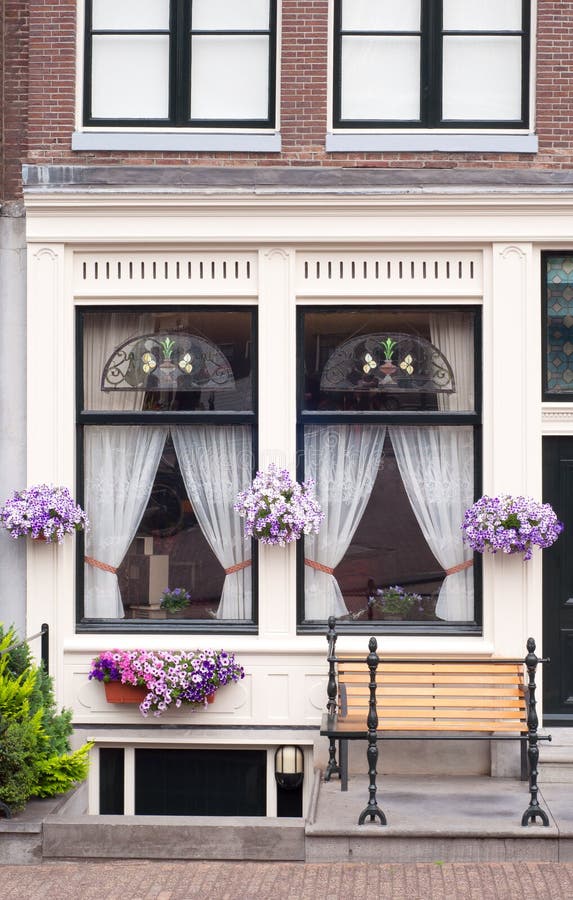 Traditional Dutch Windows with Flowers Stock Photo - Image of cityscape ...