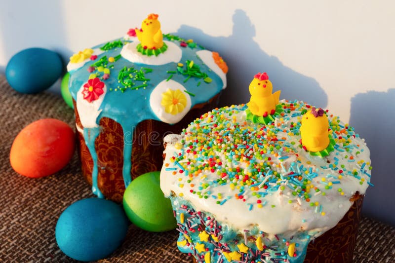 Traditional Easter Baking. Easter Cake and Colored Eggs Stock Image ...