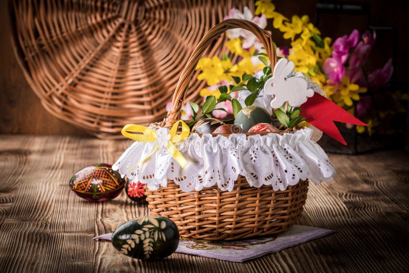 Traditional Easter Basket with Colored Eggs Stock Photo - Image of blue ...