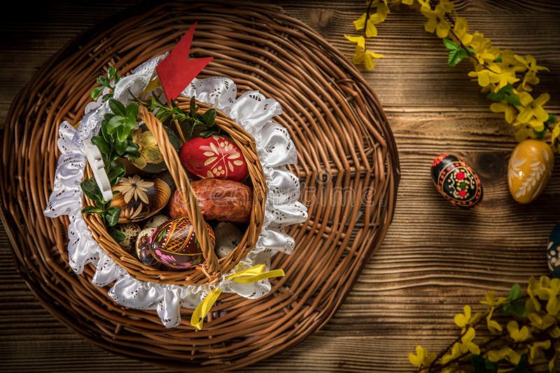 Traditional Easter Basket with Colored Eggs Stock Photo - Image of ...