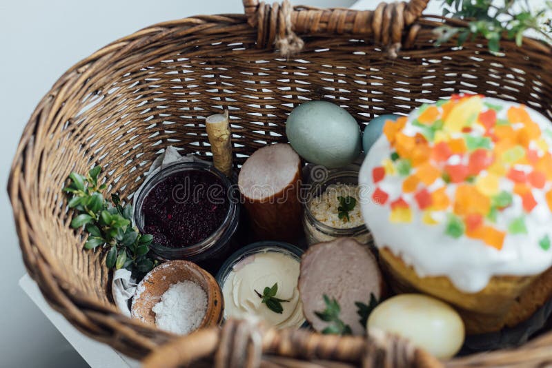 Traditional Easter Basket. Natural Dyed Easter Eggs, Easter Bread, Ham ...