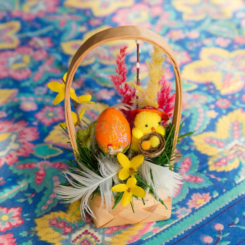 Traditional Easter Basket with Painted Egg and Decorations Stock Photo ...