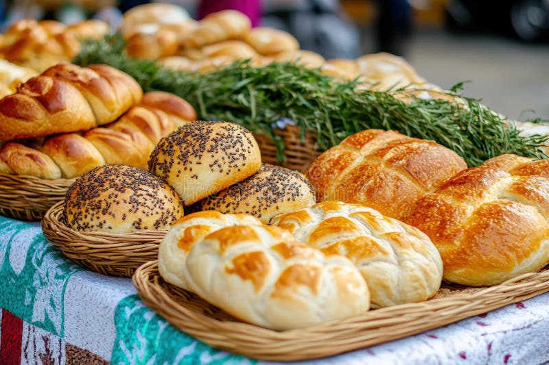Traditional Easter Bread Display with Fresh Herb Garnish at Outdoor ...