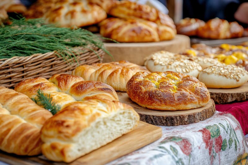 Traditional Easter Bread Display with Rustic Decorations Stock ...