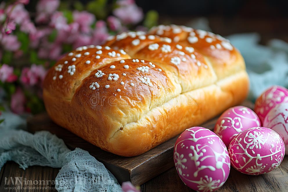 Traditional Easter Bread and Pink-Patterned Eggs with Floral Accents ...