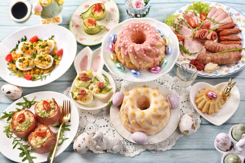 Traditional Easter Breakfast with Salads, Deviled Eggs, Cold Cuts and ...