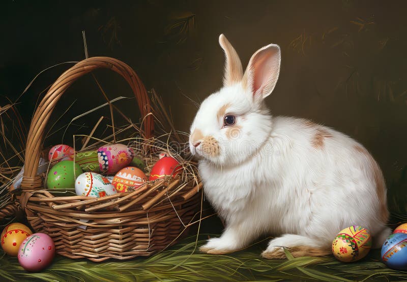 Traditional Easter Bunny with Colorful Easter Eggs. Happy Easter Stock ...