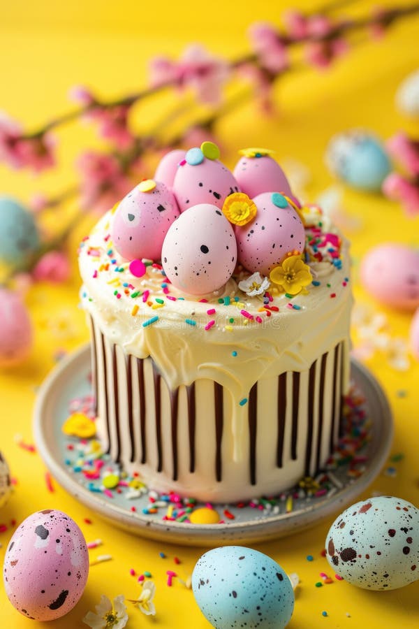 Traditional Easter Cake with Icing and Colored Eggs Stock Image - Image ...