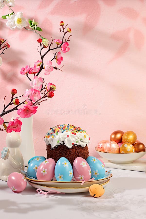Traditional Easter Cake and Marble Easter Eggs Painted with Golden ...